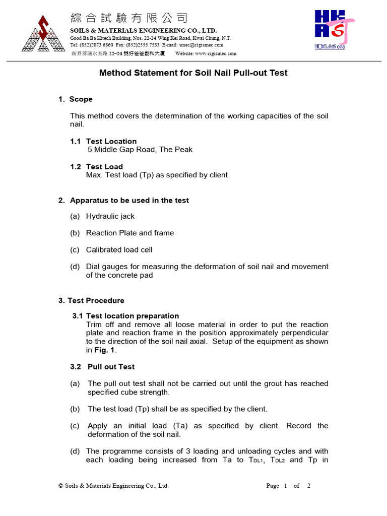 Soil Nail Pull-out Test Method Statement | PDF | Applied And ...