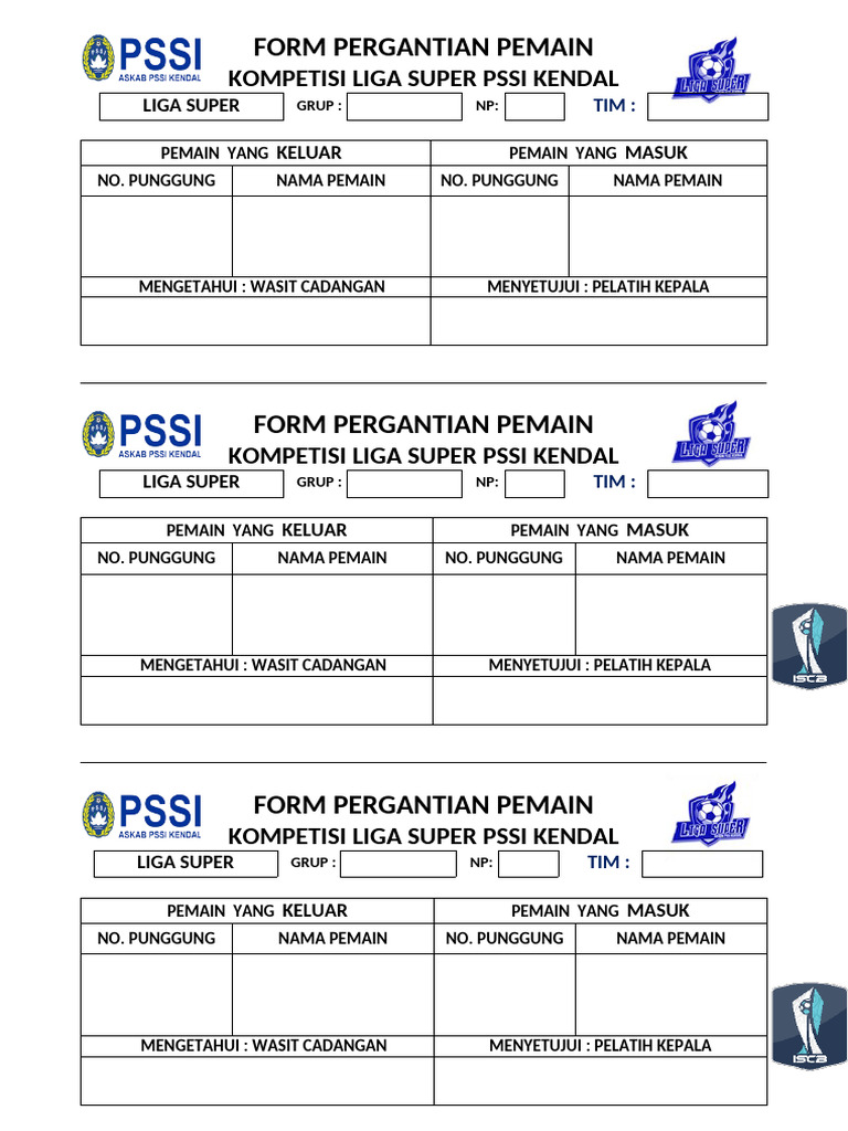 Form Pergantian Pemain LIGA SUPER 2025 | PDF