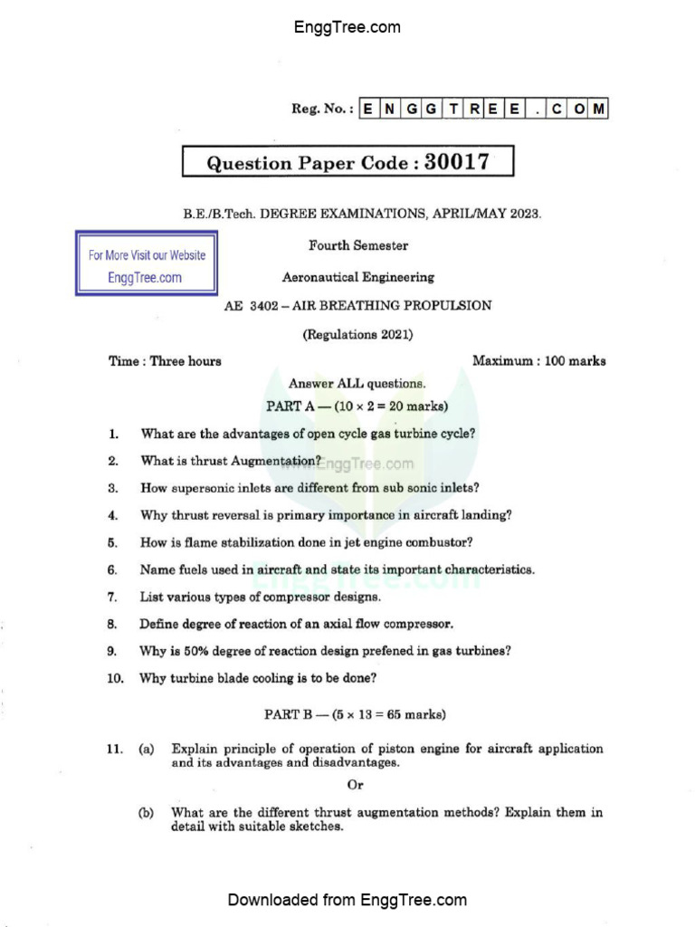 AE3402 Air Breathing Propulsion Apr May 2023 Question Paper Download | PDF