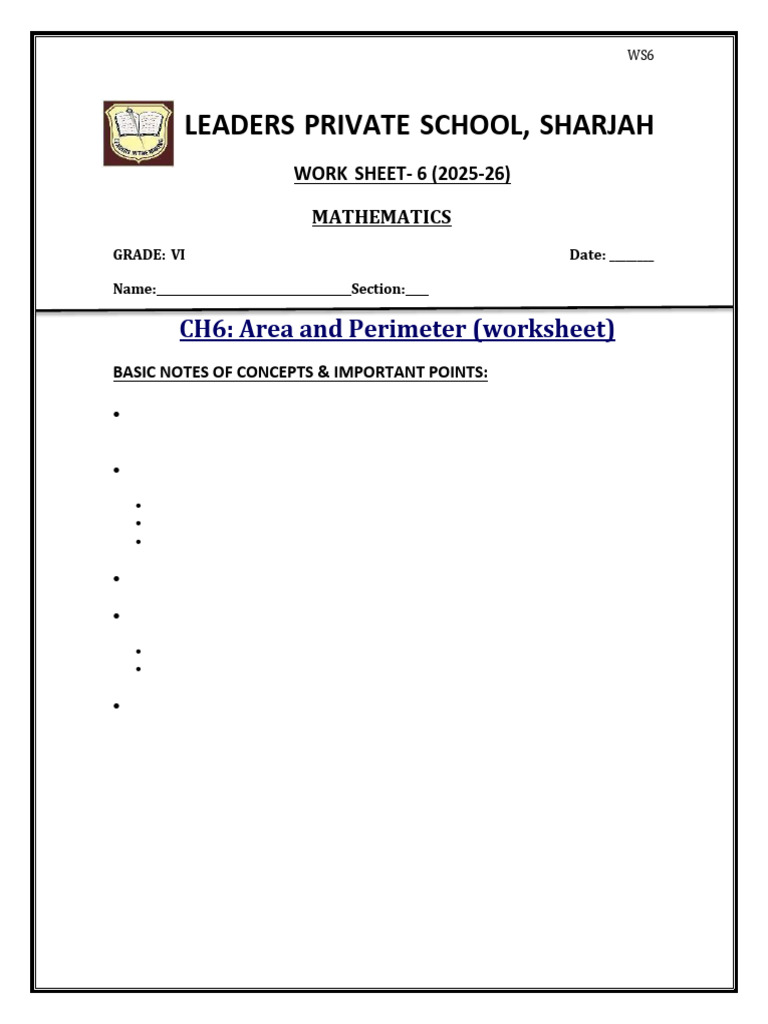Gr6 - Ch6 Area & Perimeter WS | PDF | Area | Length
