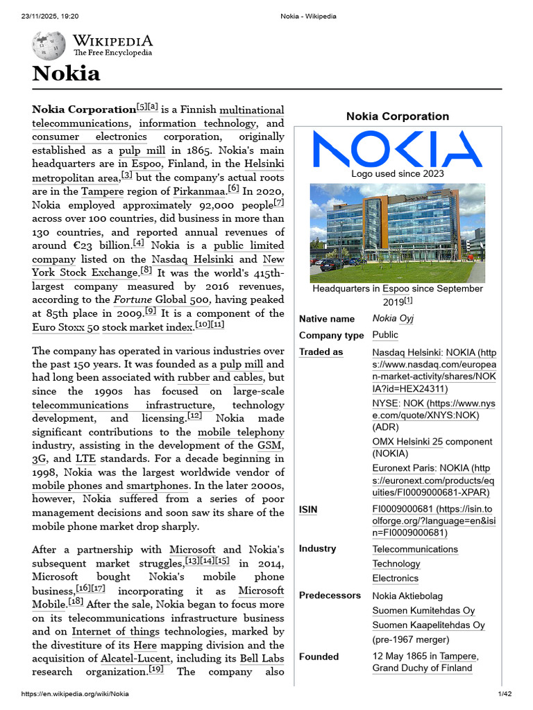 Nokia Corporation Overview and History | PDF | Nokia | Telecommunications