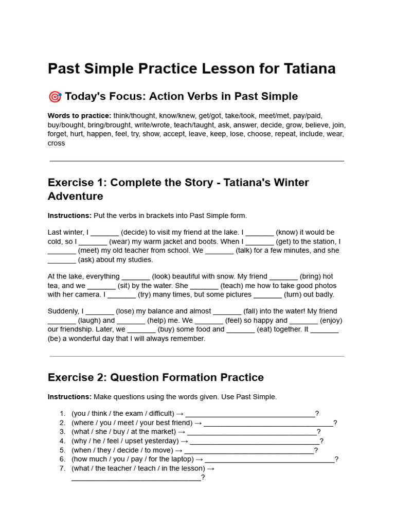 Past Simple Action Verbs Practice | PDF