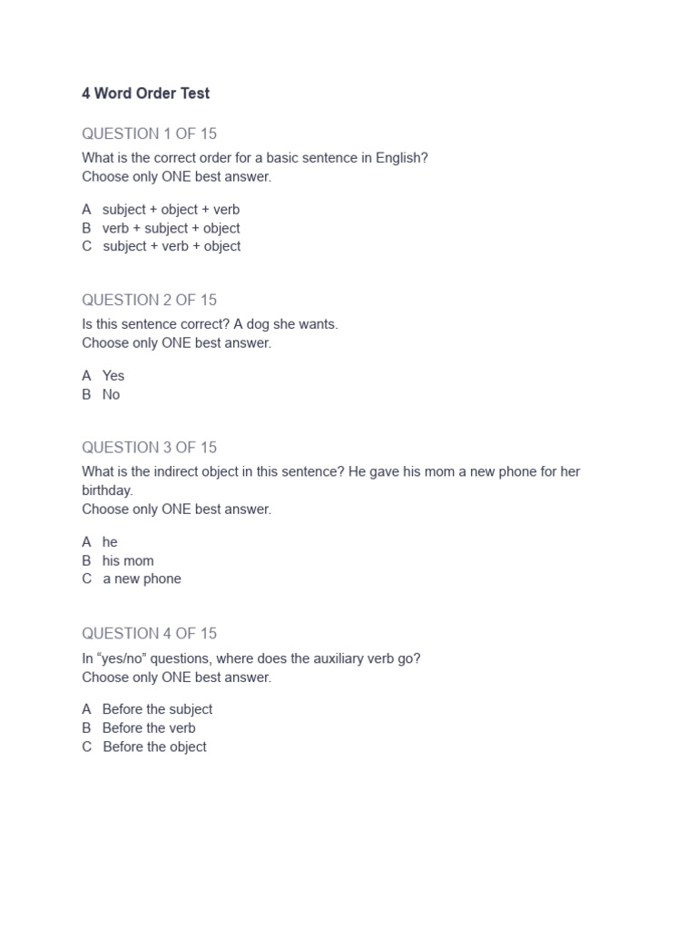Word Order Test | PDF | Question | Verb