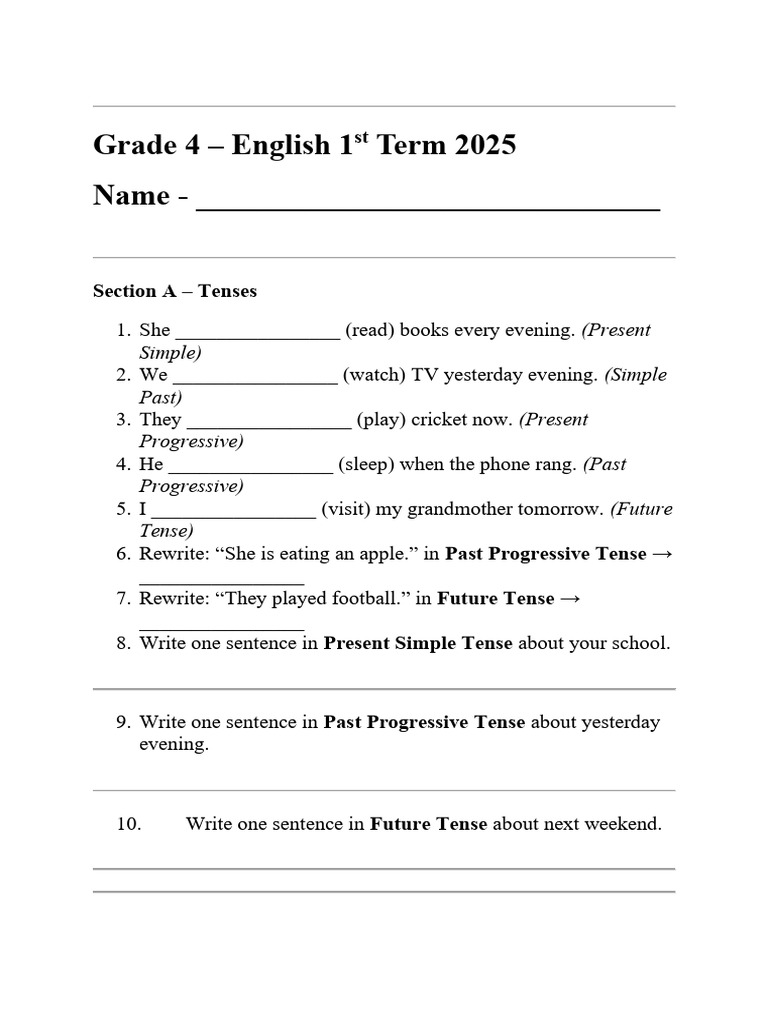 Grade 4 English Tenses and Clauses Test | PDF | Adjective | Phrase