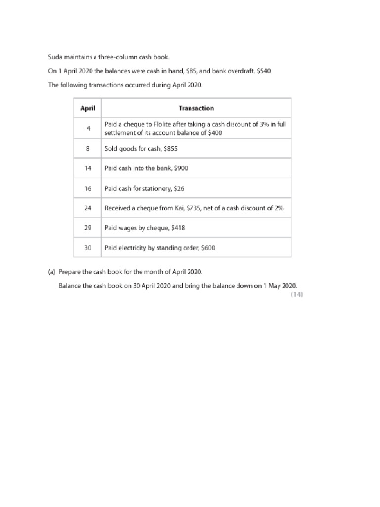 Three Column Cash Book HW | PDF