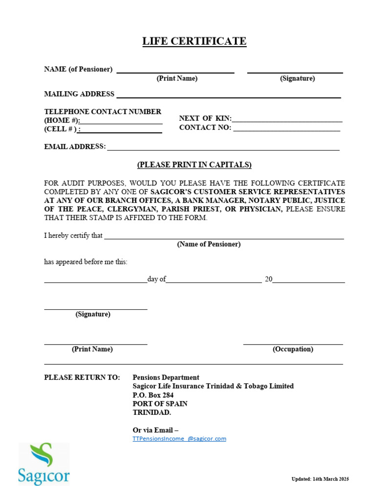 Sagicor Life Pensioner Life Certificate | PDF