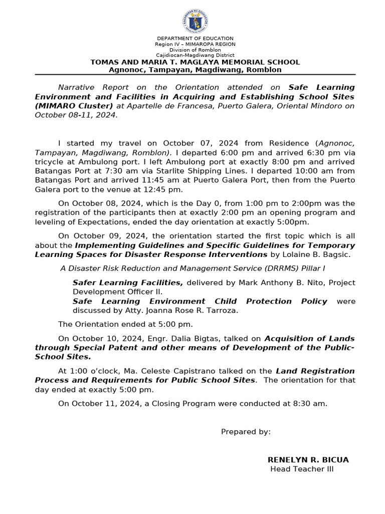 Narrative Report On The Orientation DRRM | PDF
