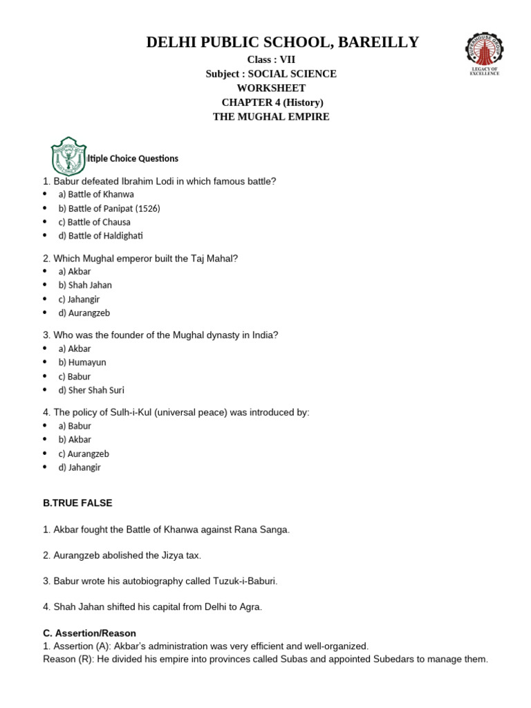 Mughal Empire Worksheet for Class VII | PDF