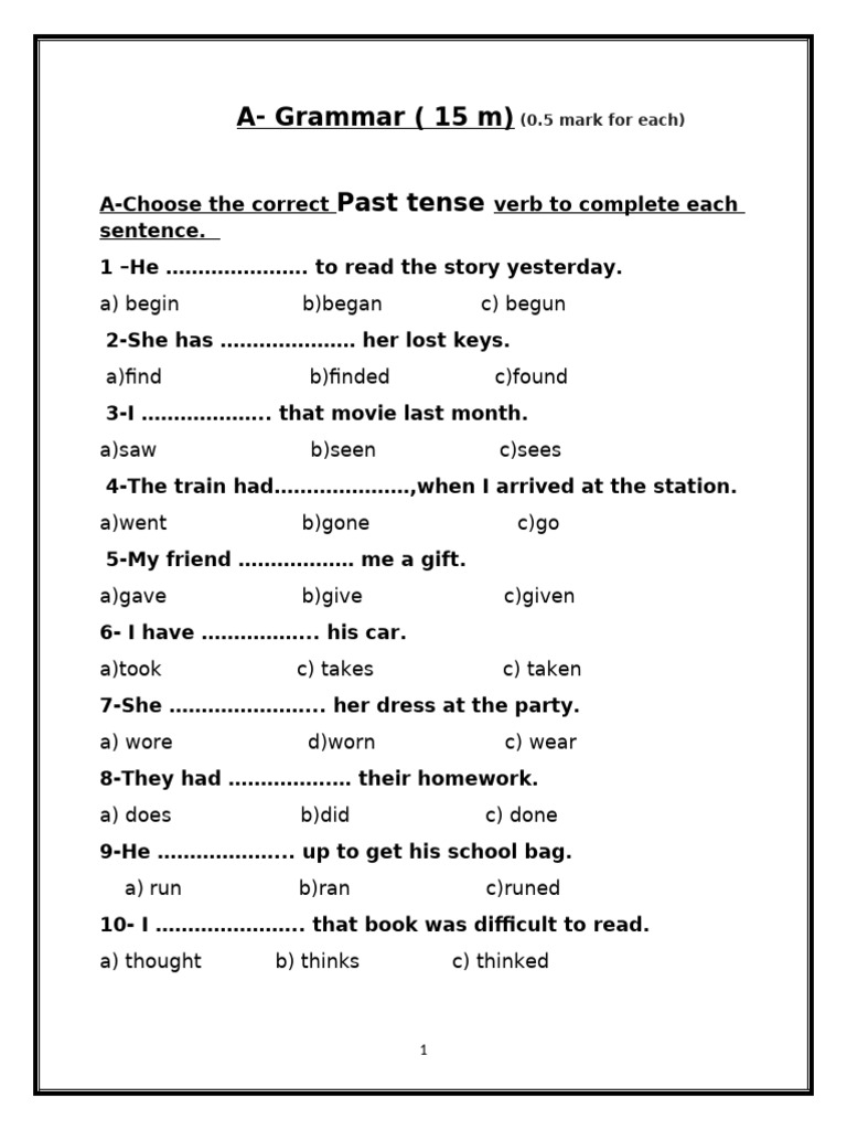 A-Grammar (15 M) Past Tense: (0.5 Mark For Each) | PDF | Grammatical ...