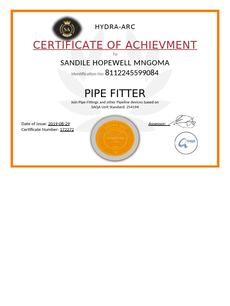 Certificate of Achievement: Pipe Fitter | PDF