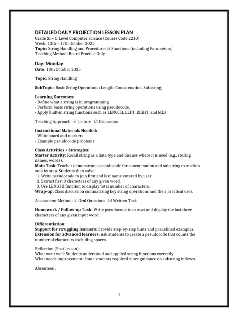 O Level Computer Science Lesson Plan | PDF | String (Computer Science ...