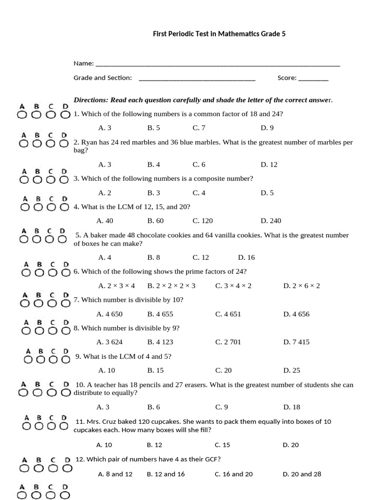 Grade 5 Math Test: Factors & Multiples | PDF | Number Theory | Arithmetic