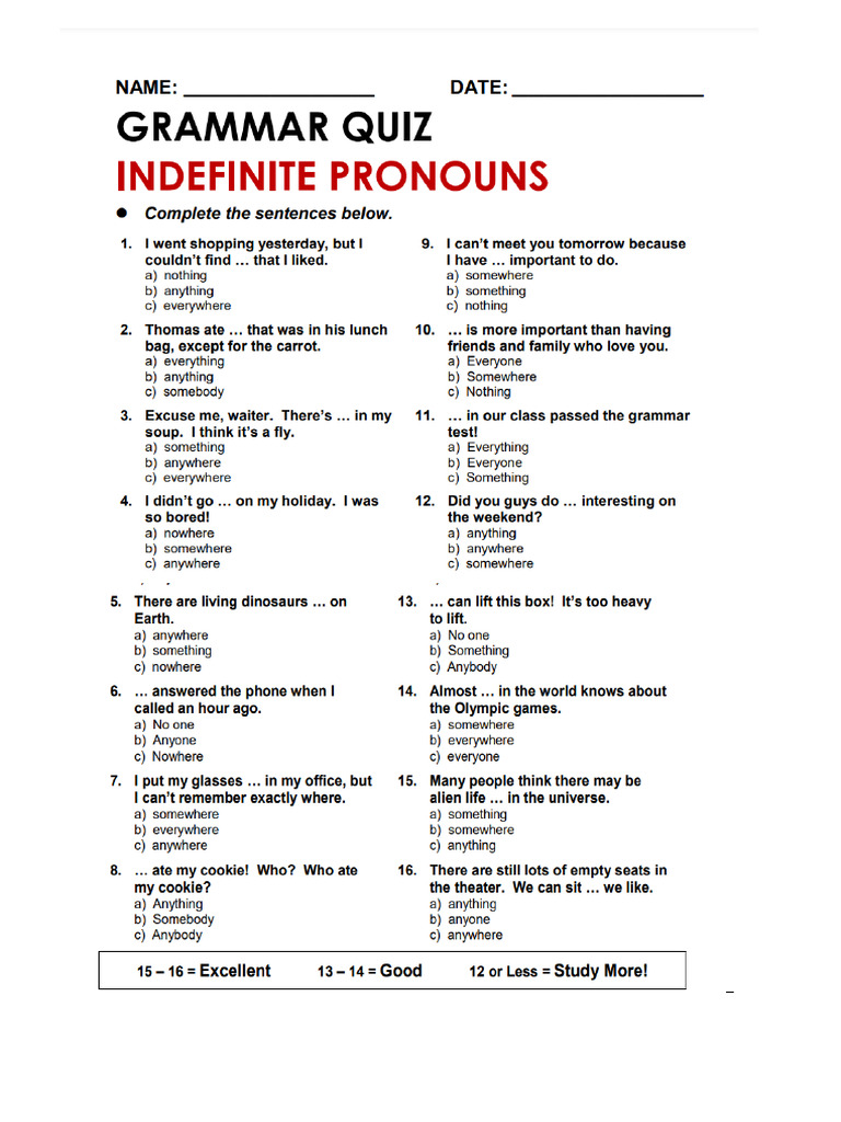 Indefinite Pronouns Exercises | PDF