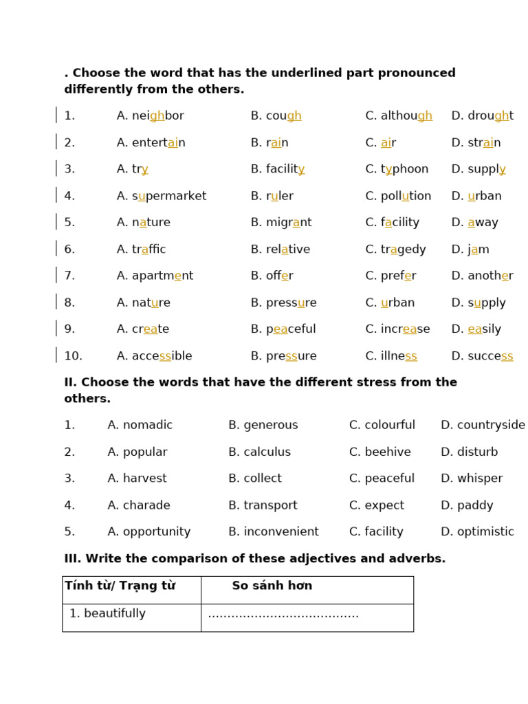Choose The Word That Has The Underlined Part Pronounced Differently ...