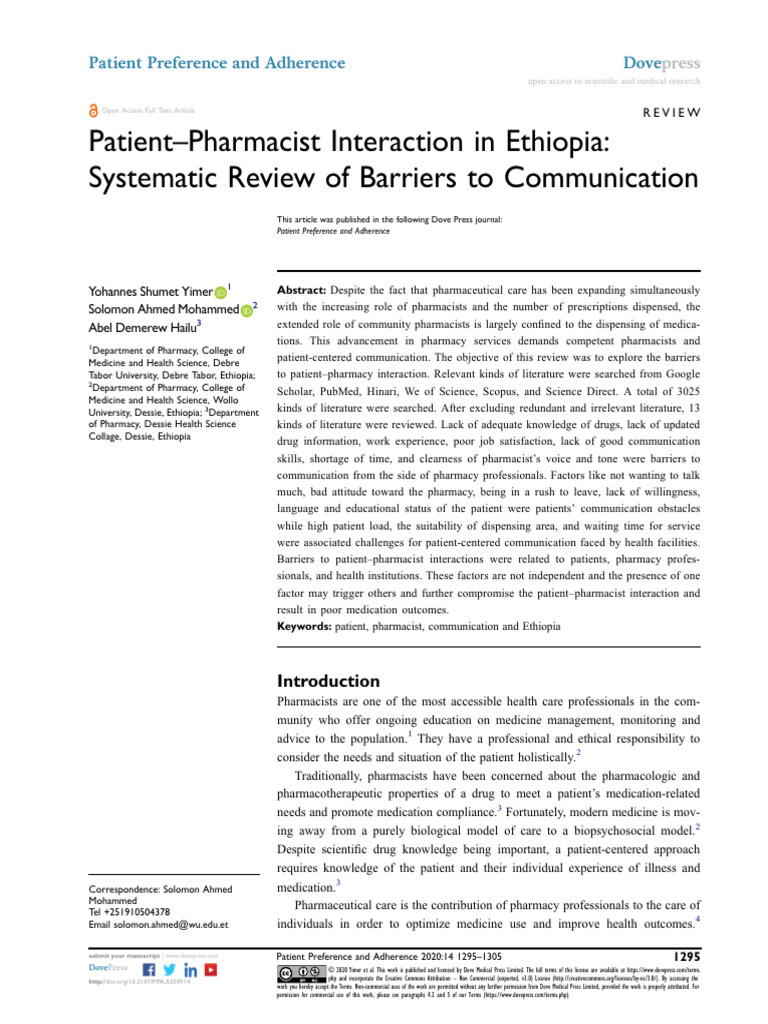 Patient Pharmacist Interaction in Ethiopia Systematic Review Voy0h1bms6 ...