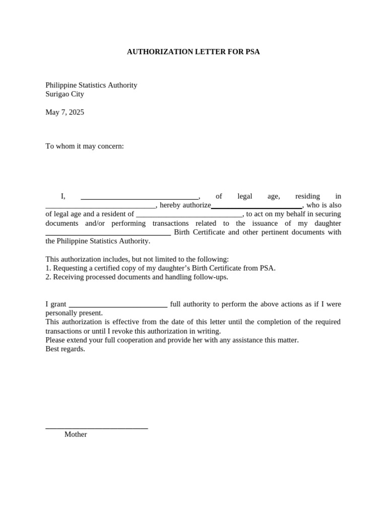 Authorization Letter For Psa | PDF