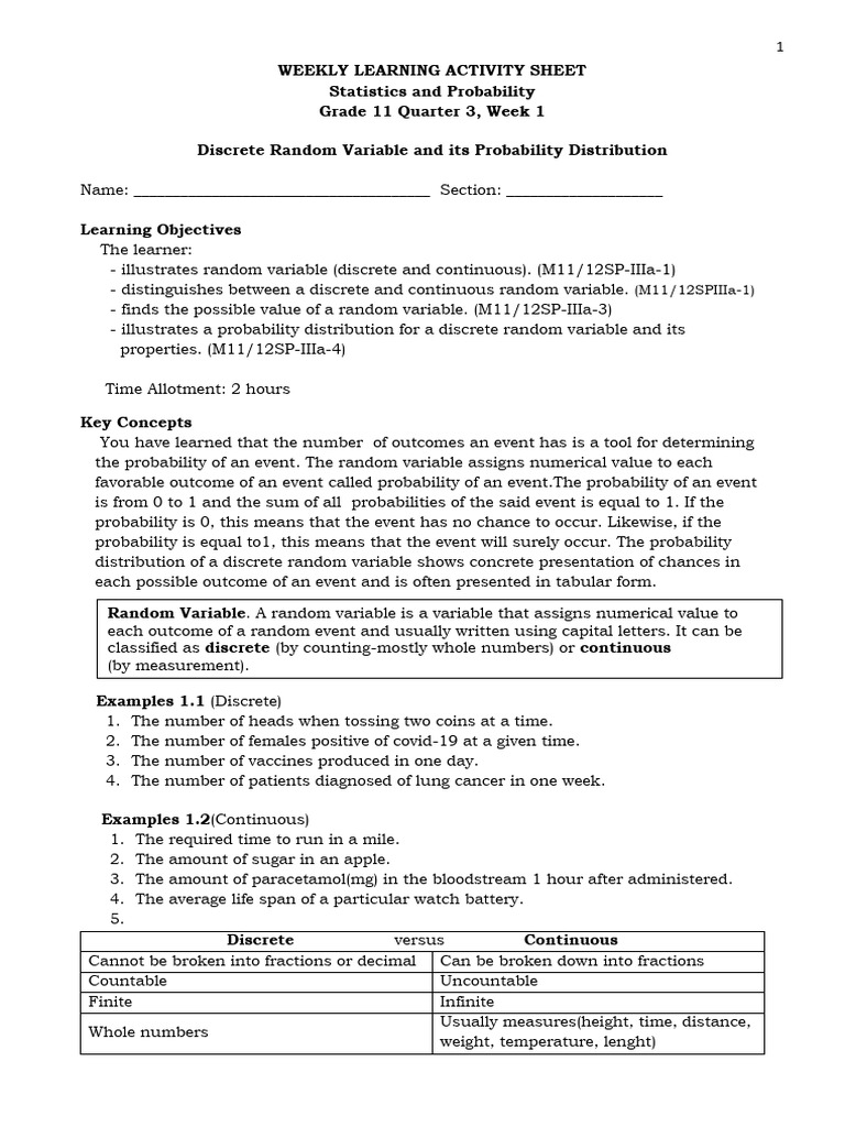 G11 Q3 W1 Statistics & Probability | PDF | Probability Distribution | Random Variable