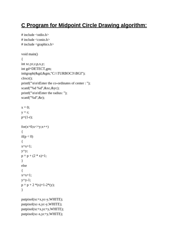 C Program for Midpoint Circle Drawing Algorithm | PDF