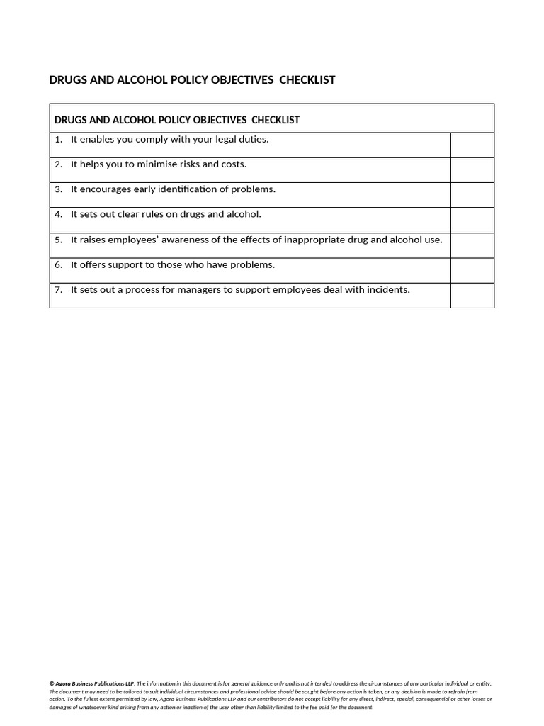 Drugs and Alcohol Policy Objectives Checklist | PDF