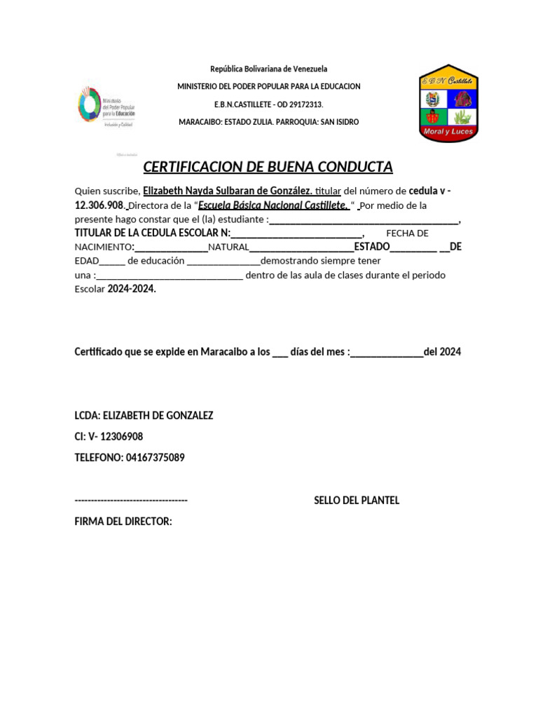Certificación de Buena Conducta Escolar | PDF