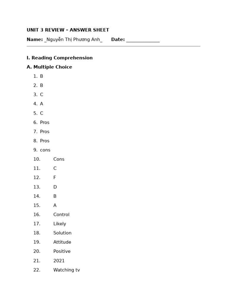 UNIT 3 REVIEW_ Answer Sheet | PDF | Linguistics