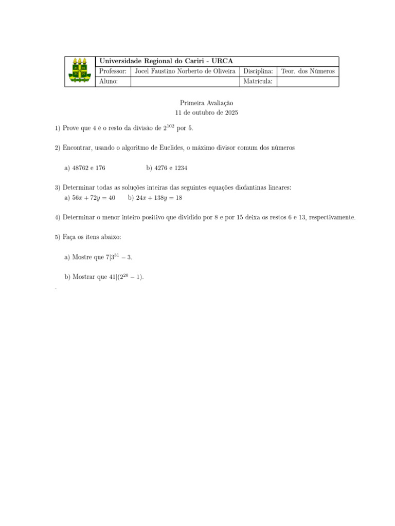 Avaliação de Teoria dos Números URCA | PDF