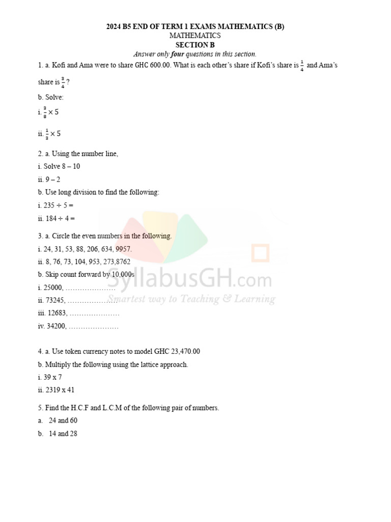 2024 B5 End of Term 1 Exams Mathematics (B) | PDF