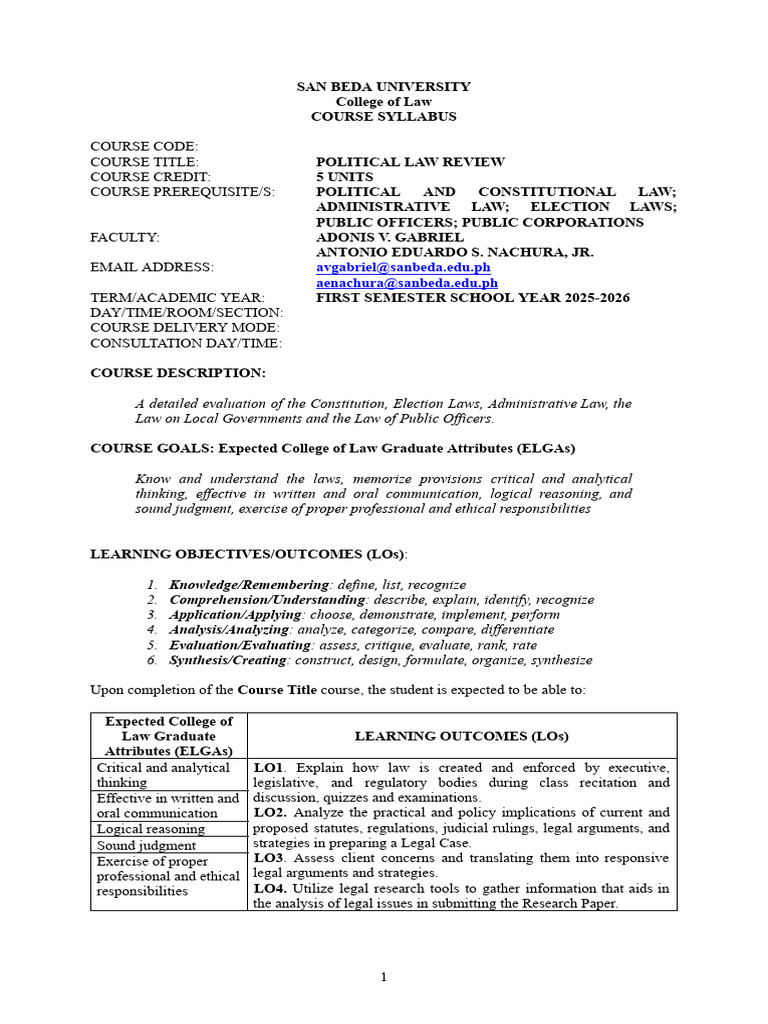 Political Law Review Course Syllabus | PDF | Reason