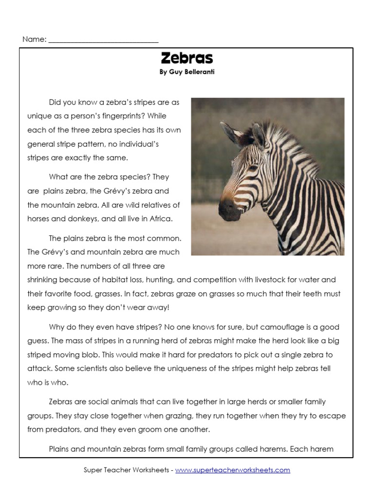 5th-Zebras - ZEBRA Reading Comprehension Nonfiction | PDF | Zebra ...