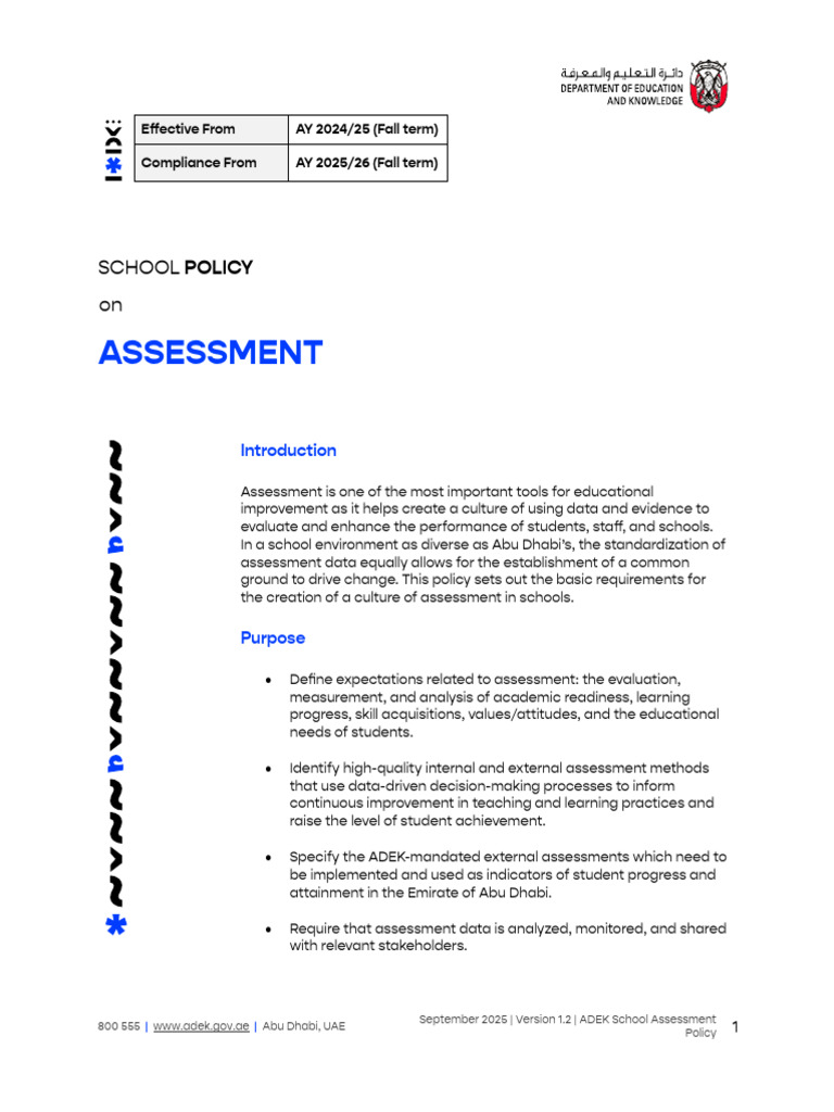 ADEK S Assessment Policy en v1 2 | PDF | Educational Assessment | Cognition