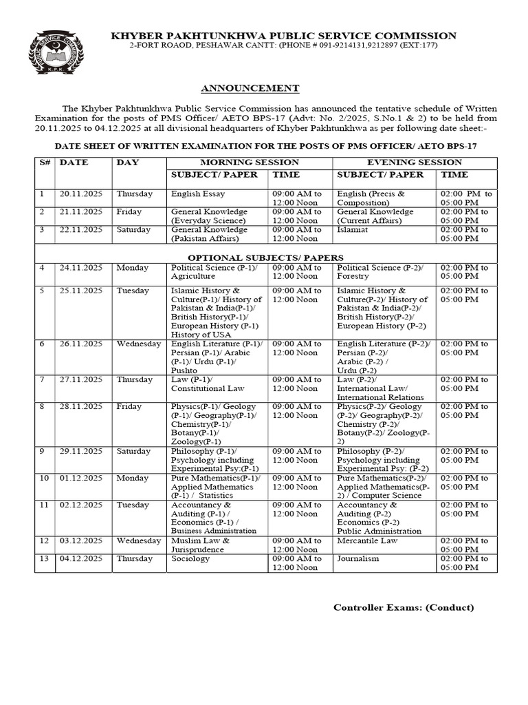 KPK PMS Officer Exam Schedule 2025 | PDF | Mathematics | Science