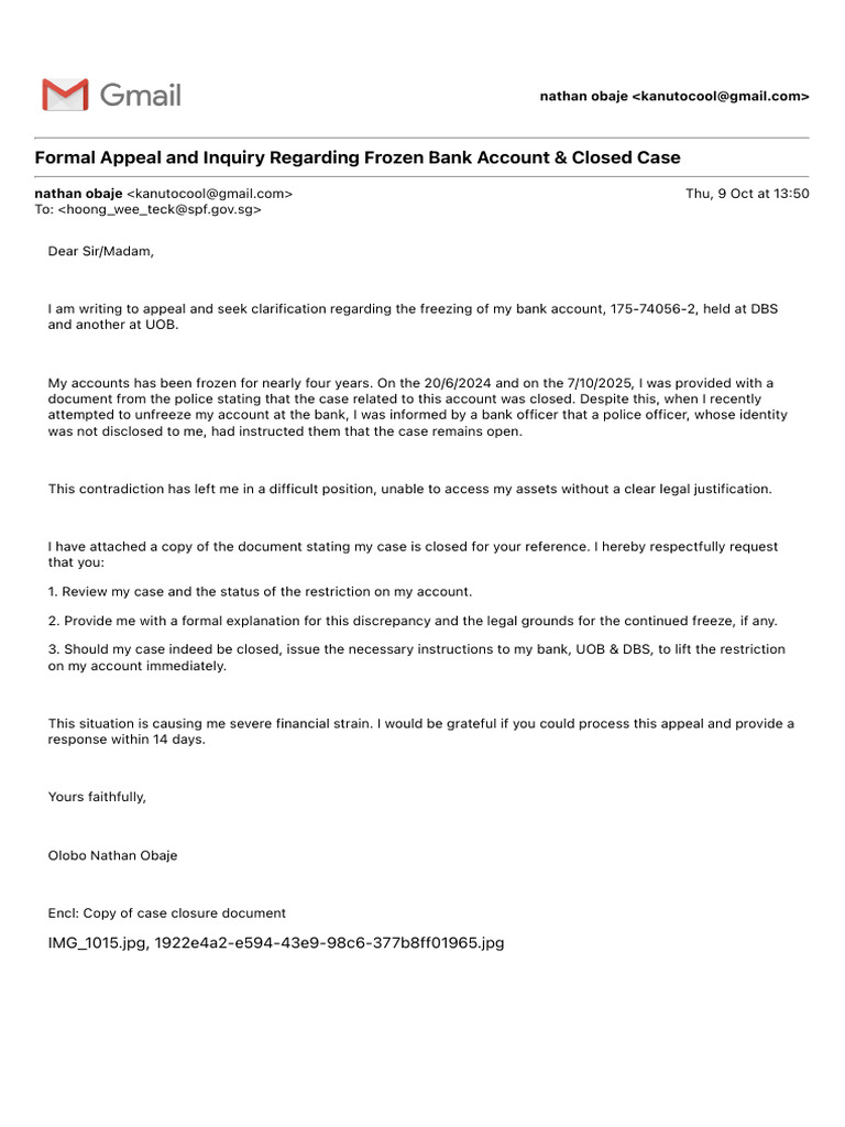 Formal Appeal and Inquiry Regarding Frozen Bank Account & Closed Case | PDF