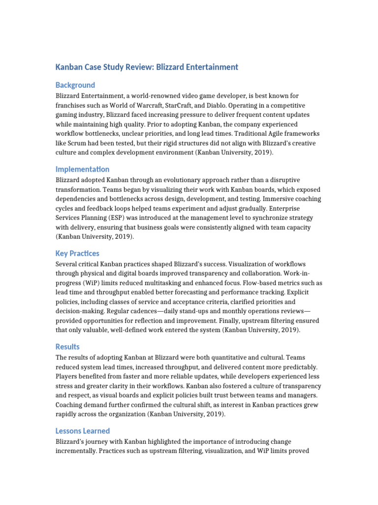 Blizzard Kanban Case Study Report | PDF | Blizzard Entertainment | Business
