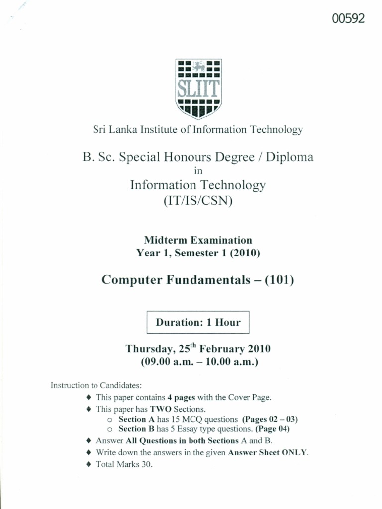 Mid Semester Exam - Computer Fundamentals - (101) - SLIIT | PDF | Mathematical Notation | Arithmetic