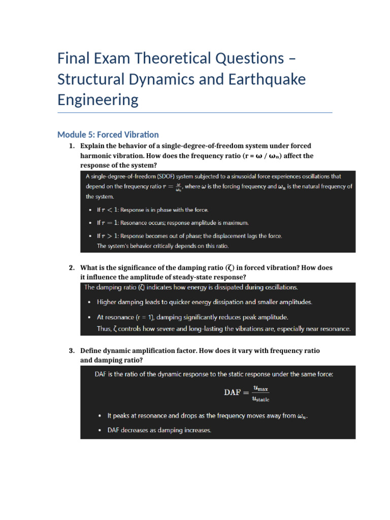 Final Exam Questions - Structural Dynamics | PDF | Damping | Physical Phenomena