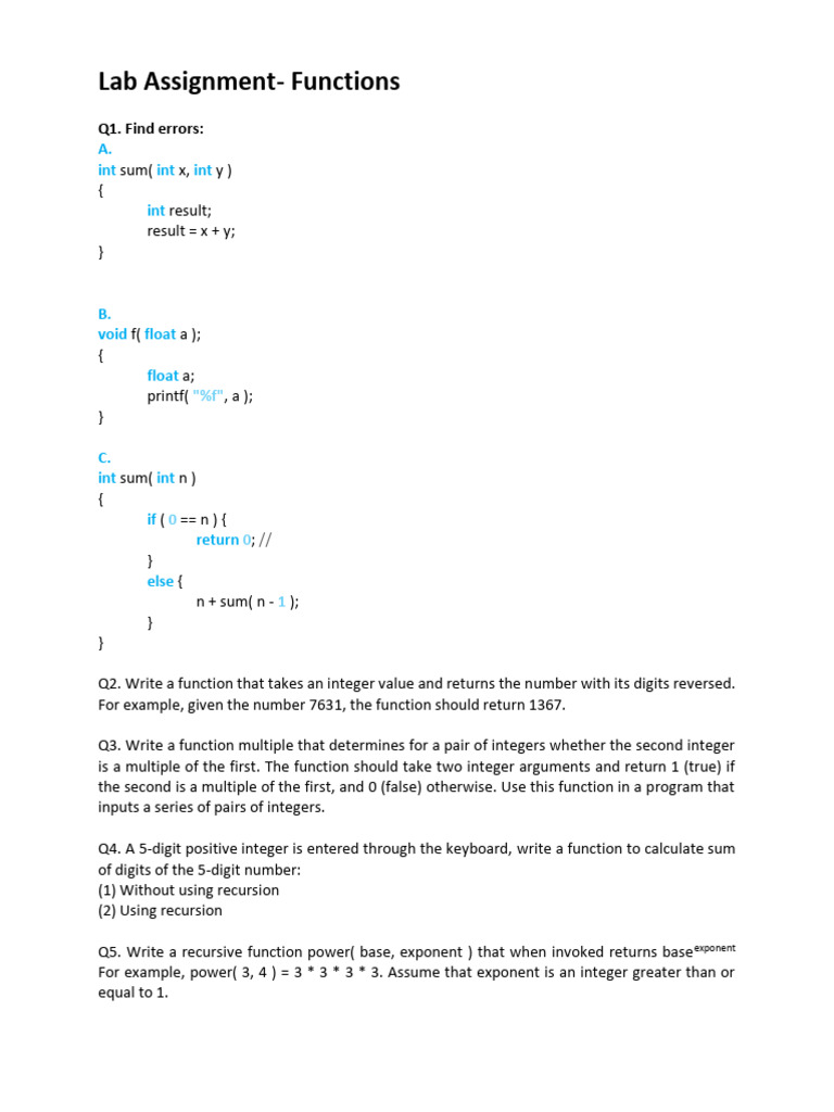 Lab Assignment-7 Functions | PDF