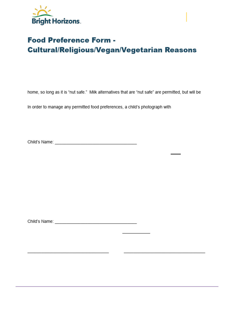 Food Preference Form-Cultural, Religious, Vegan, Vegetarian Reasons ...
