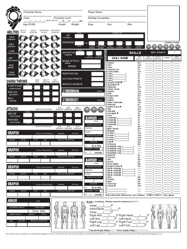 Ghost in The Shell D20 RPG Character Sheet 2.0 | PDF | Leisure | Sports