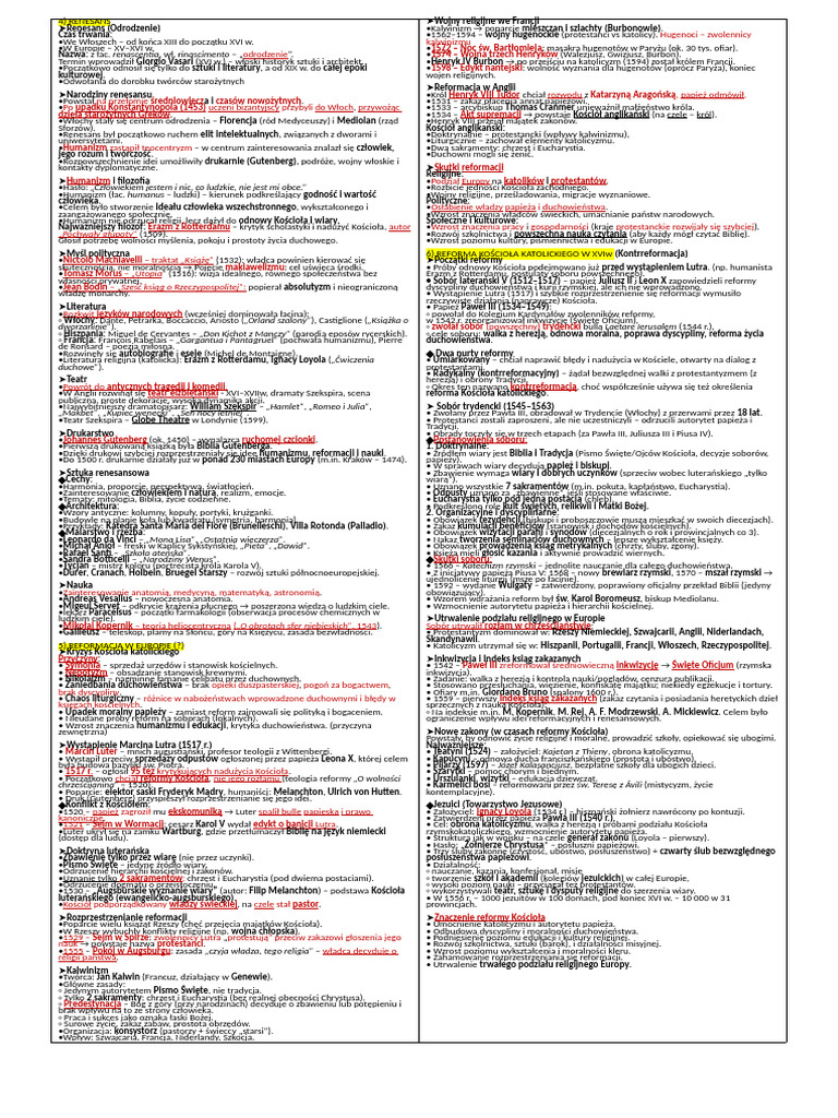 Historia Sprawdzian Tematy 4-6 Renesans, Reformacja | PDF