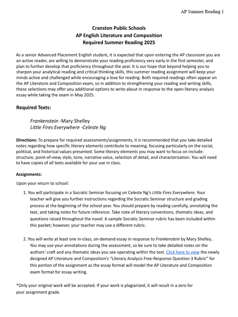 AP English Summer Reading 2025 Guide | PDF | Learning | Writing