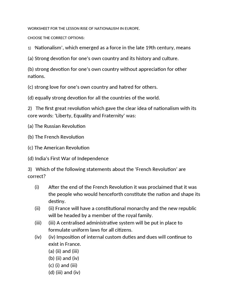 Work Sheet For Rise of Nationalism in Europe | PDF | Nationalism ...