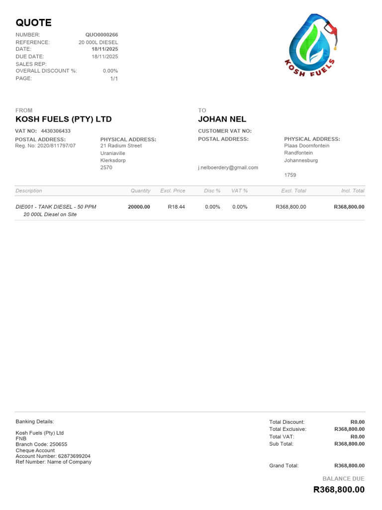 20,000L Diesel Quote - Kosh Fuels | PDF