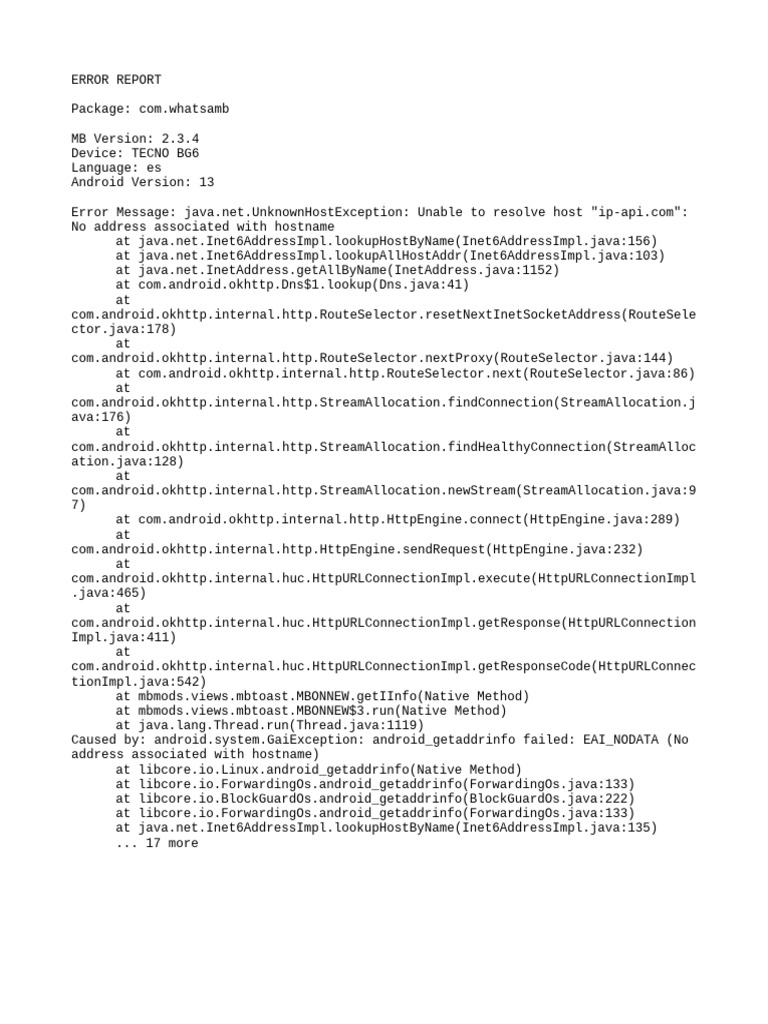 TECNO BG6 Error: UnknownHostException | PDF