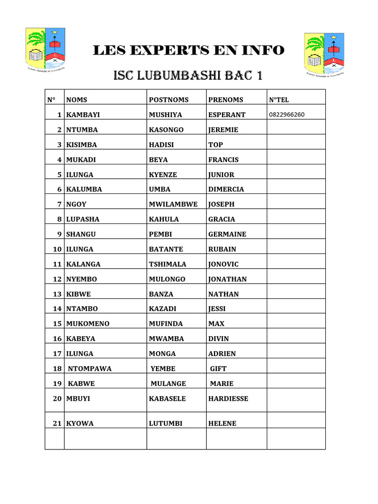 Liste des Experts en Info ISC Lubumbashi | PDF