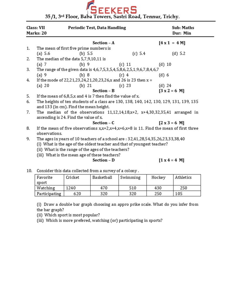 Class VII Maths Periodic Test on Data Handling | PDF