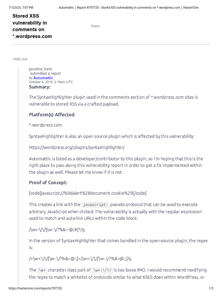 Automattic _ Report #707720 - Stored XSS Vulnerability in Comments on _.Wordpress.com ...