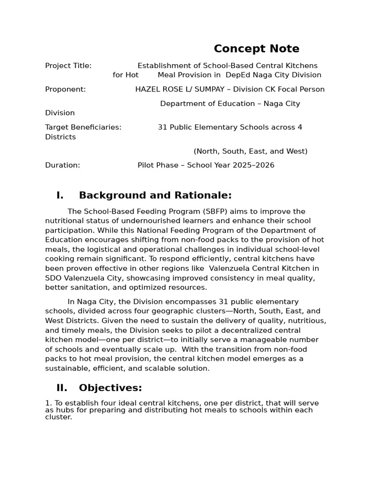 Concept Note CENTRAL KITCHEN | PDF | Malnutrition | Economies
