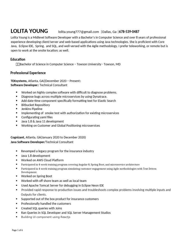 Lolita Young2020 Java Mainly Resume | PDF | Eclipse (Software) | Java ...