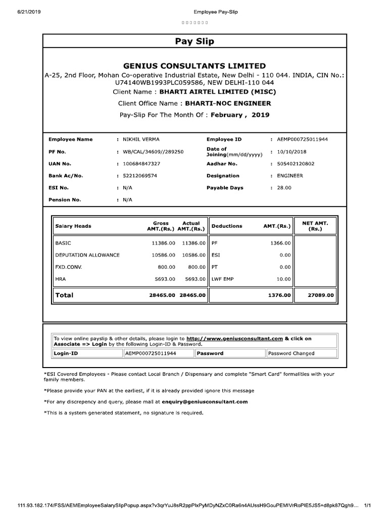 BA Salary Slip Feb 20119 | PDF