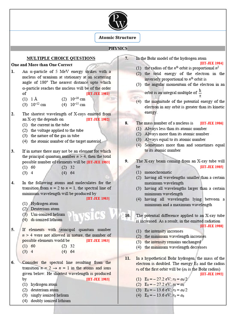 Brofessor's Question Bank PYQs JEE Atomic Structure | PDF | Atoms ...